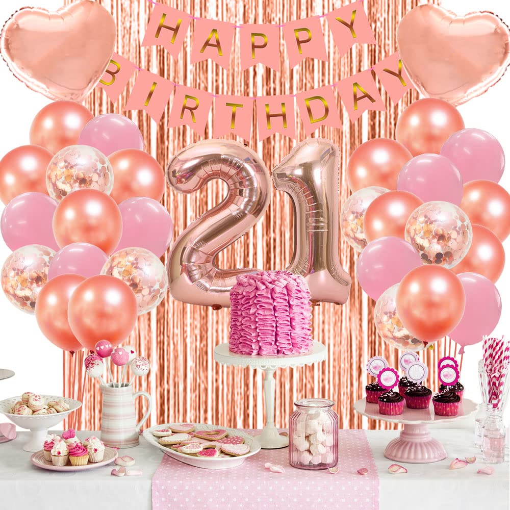 NIUBER 21st Birthday Decorations For Women,21 Birthday Decorations with Rose Gold Balloons, Happy Birthday Banner,Backdrop and Confetti Balloons