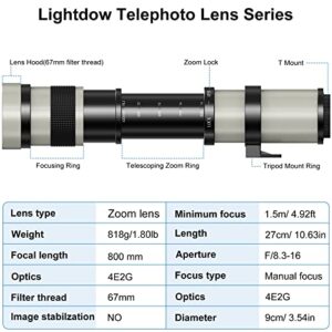 Lightdow 420-800mm f/8.3 Super Telephoto Lens with T-Mount for Canon EOS DSLR Cameras - White