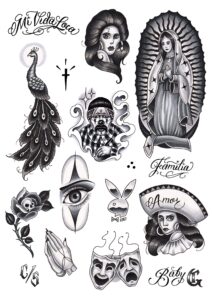 tatsy chicano set, temporary tattoo cover up sticker for men and women, body temp fake tattoos, chicana gansta lowrider style culture, unique realistic designs