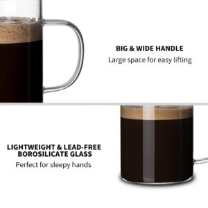 HORLIMER 10 oz Glass Coffee Mugs Set of 6, Clear Coffee Cup with Handle for Tea Cappuccino Latte Milk Juice Hot Beverages