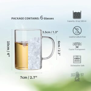 HORLIMER 10 oz Glass Coffee Mugs Set of 6, Clear Coffee Cup with Handle for Tea Cappuccino Latte Milk Juice Hot Beverages