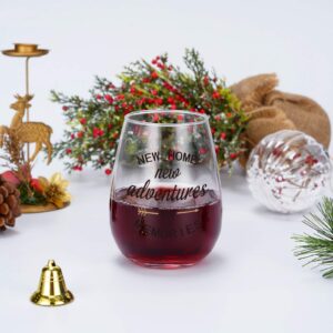 Housewarming Gifts, New Home New Adventures New Memories Stemless Wine Glass for New Home House Owner Friends Couple Women Men Party Christmas, Funny New Home Owner Presents Ideas