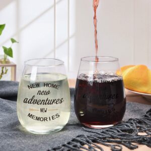 Housewarming Gifts, New Home New Adventures New Memories Stemless Wine Glass for New Home House Owner Friends Couple Women Men Party Christmas, Funny New Home Owner Presents Ideas