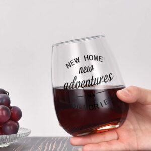 Housewarming Gifts, New Home New Adventures New Memories Stemless Wine Glass for New Home House Owner Friends Couple Women Men Party Christmas, Funny New Home Owner Presents Ideas