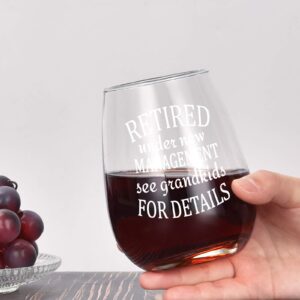 Retired Under New Management See Grandkid for Detail Stemless Wine Glass, Retirement Gift for Women Men Coworker Grandma Mom Dad Teacher Retirement Party Decorations Christmas, Happy Retired Wine Gift