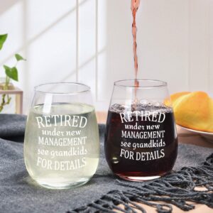 Retired Under New Management See Grandkid for Detail Stemless Wine Glass, Retirement Gift for Women Men Coworker Grandma Mom Dad Teacher Retirement Party Decorations Christmas, Happy Retired Wine Gift