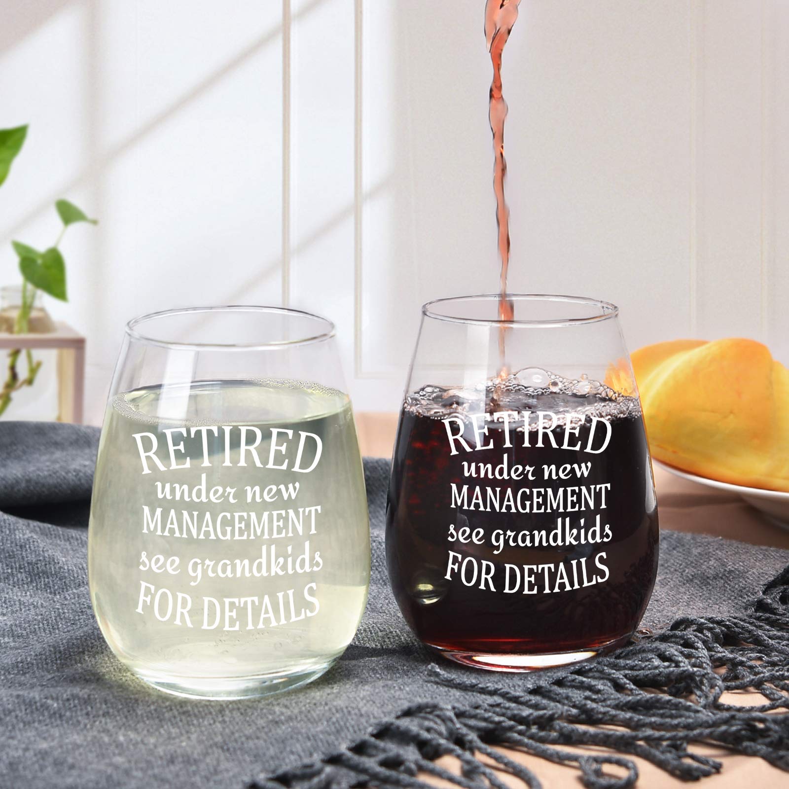 Retired Under New Management See Grandkid for Detail Stemless Wine Glass, Retirement Gift for Women Men Coworker Grandma Mom Dad Teacher Retirement Party Decorations Christmas, Happy Retired Wine Gift