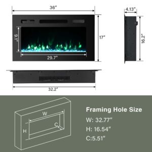 36 Inch Electric Fireplace Inserts, Quiet Wall Mounted Fireplace, Led Fireplace for Living Room, Recessed Electric Fireplace, Linear Fireplace, Logs & Crystal, 750/1500W