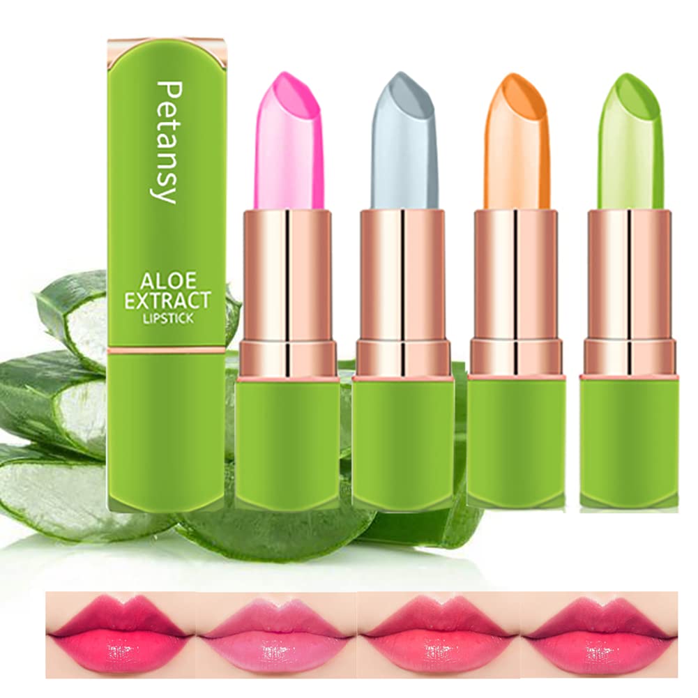 Petansy 4 Colors Aloe Vera Lipstick Jelly Lipstick Long Lasting Moisturizing Lip Balm Magic Temperature Color Changing Lip Care