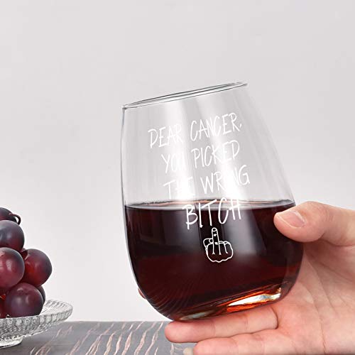 Futtumy Dear Cancer You Picked The Wrong, Stemless Wine Glass for Women Cancer Survivor Ovarian Breast Cancer Survivor Cancer Patient, 15 Oz Wine Glass With Cancer Awareness Sayings