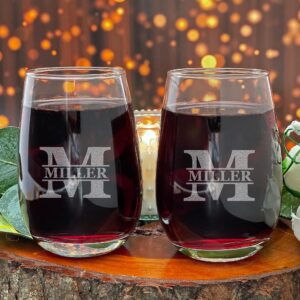 Set of 2 Customizable Monogram 15 oz Etched Stemless Wine Glass Engraved Personalized with Initial and Name