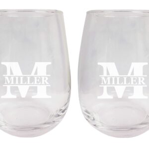 Set of 2 Customizable Monogram 15 oz Etched Stemless Wine Glass Engraved Personalized with Initial and Name