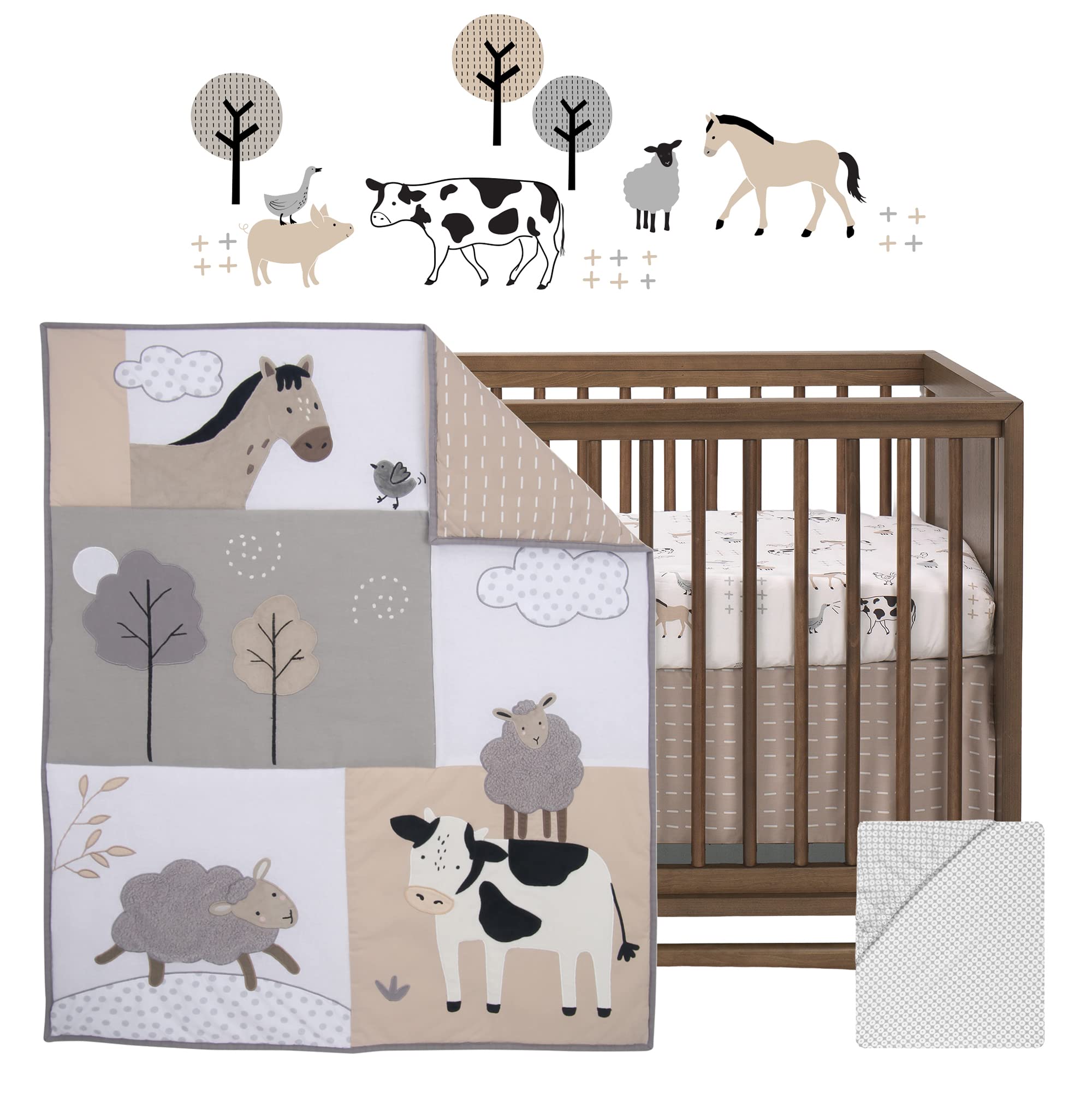 Lambs & Ivy Baby Farm Animals 5-Piece White/Taupe Baby Crib Bedding Set