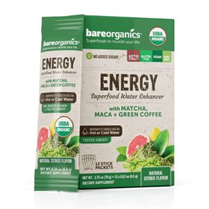 BareOrganics On-The-Go Energy Superfood Water Enhancer — Organic Energy Drink Mix, Set of 12 Packets