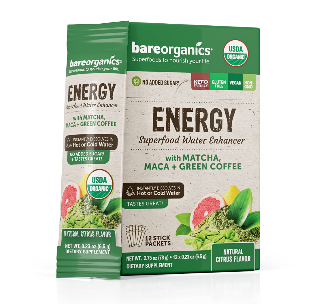 BareOrganics On-The-Go Energy Superfood Water Enhancer — Organic Energy Drink Mix, Set of 12 Packets