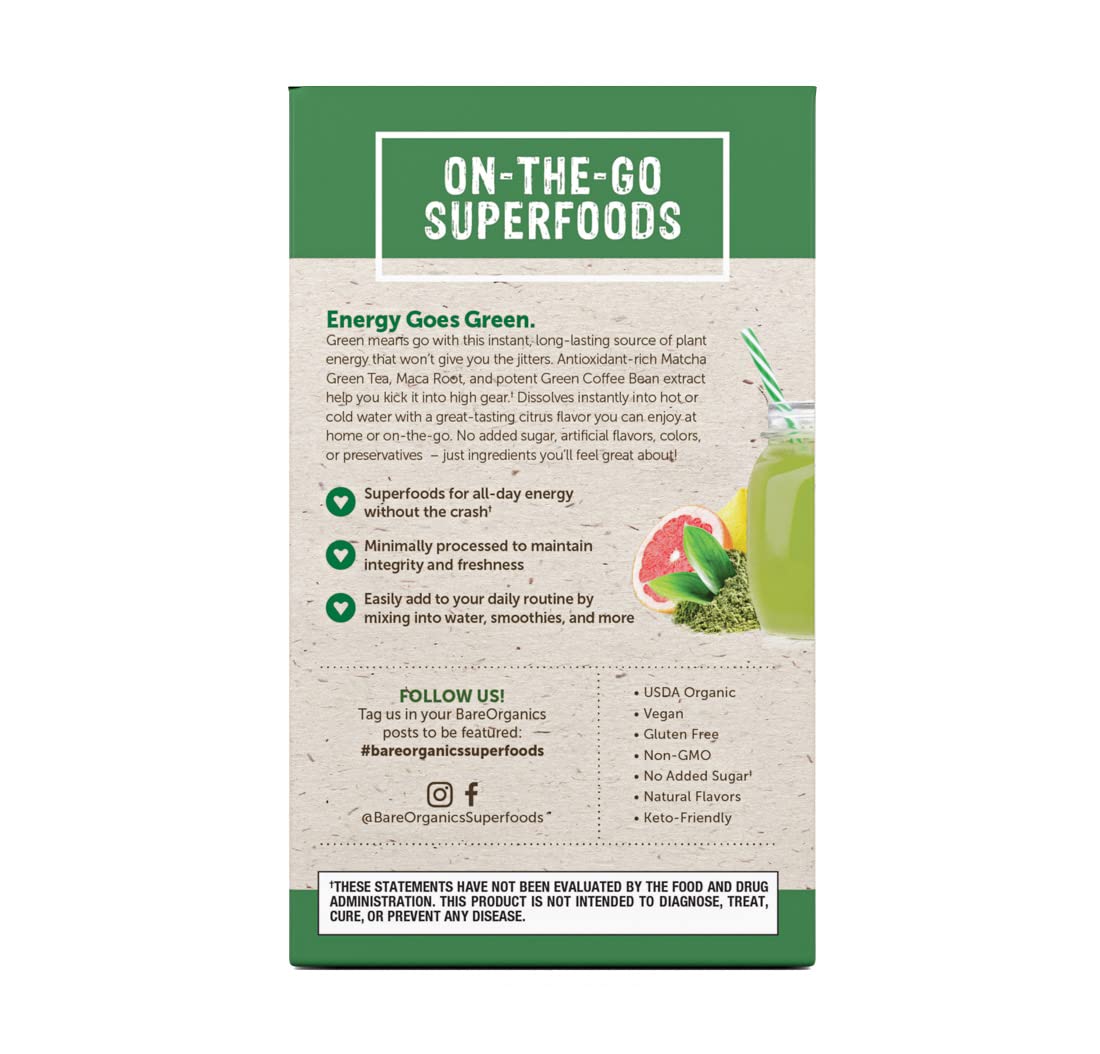 BareOrganics On-The-Go Energy Superfood Water Enhancer — Organic Energy Drink Mix, Set of 12 Packets