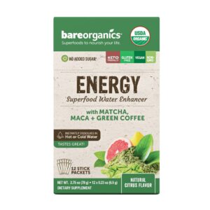 BareOrganics On-The-Go Energy Superfood Water Enhancer — Organic Energy Drink Mix, Set of 12 Packets