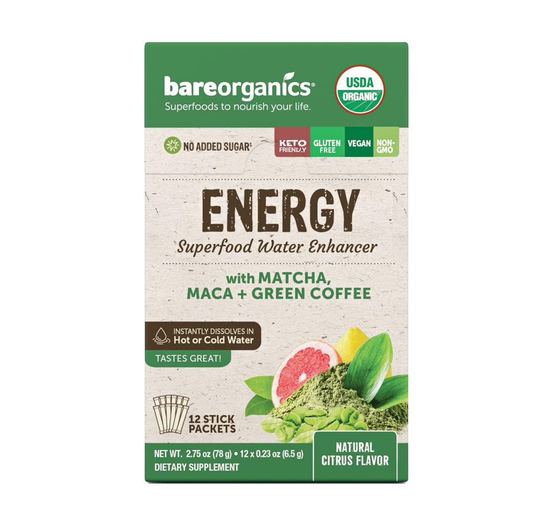 BareOrganics On-The-Go Energy Superfood Water Enhancer — Organic Energy Drink Mix, Set of 12 Packets