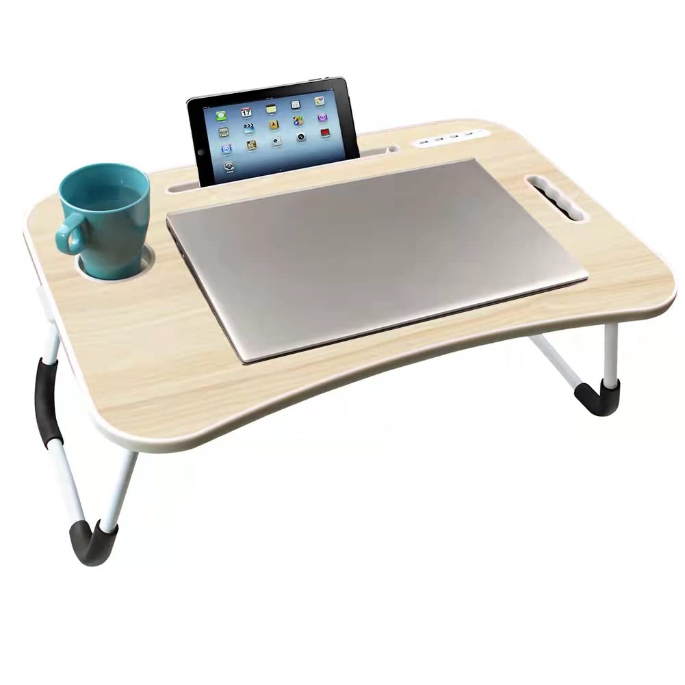 Acoode Folding Laptop Dsek Adjustable Foldable Lap Stand for Bed Tray Table with USB Port Cup Holder for Working Eating Breakfast Reading Book on Sofa Floor (White Maple)