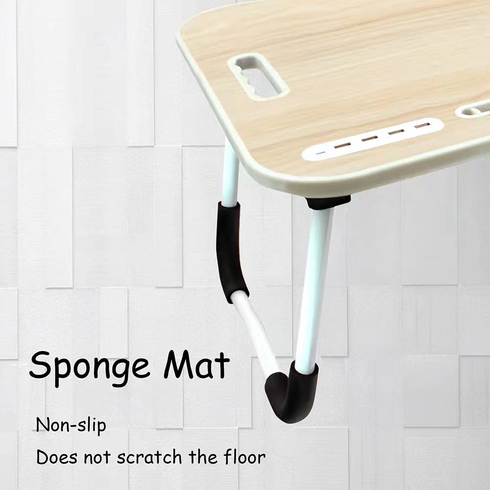 Acoode Folding Laptop Dsek Adjustable Foldable Lap Stand for Bed Tray Table with USB Port Cup Holder for Working Eating Breakfast Reading Book on Sofa Floor (White Maple)