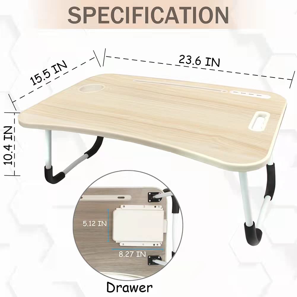 Acoode Folding Laptop Dsek Adjustable Foldable Lap Stand for Bed Tray Table with USB Port Cup Holder for Working Eating Breakfast Reading Book on Sofa Floor (White Maple)