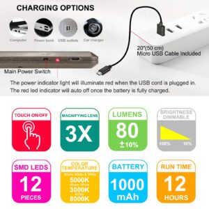 HONGUT Rechargeable Full Page Magnifier, Ultra Bright 12 LEDs Handheld Magnifying Glass with Cool/Warm White Light, Adjustable Brightness Illunimated Magnifier for Eye-Care, Reading Small Prints