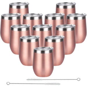 12 pack stainless steel wine tumbler with lid and straw, 12 oz double wall vacuum insulated stemless wine glass tumbler, set of 12 cup for wine, coffee, champagne, cocktails, ice cream, rose gold