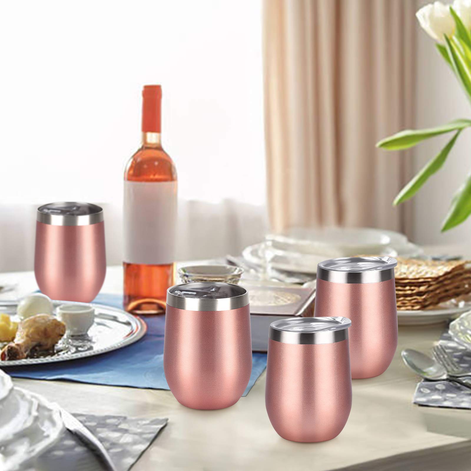 12 Pack Stainless Steel Wine Tumbler with Lid and Straw, 12 Oz Double Wall Vacuum Insulated Stemless Wine Glass Tumbler, Set of 12 Cup for Wine, Coffee, Champagne, Cocktails, Ice Cream, Rose Gold