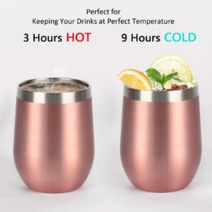 12 Pack Stainless Steel Wine Tumbler with Lid and Straw, 12 Oz Double Wall Vacuum Insulated Stemless Wine Glass Tumbler, Set of 12 Cup for Wine, Coffee, Champagne, Cocktails, Ice Cream, Rose Gold