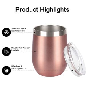 12 Pack Stainless Steel Wine Tumbler with Lid and Straw, 12 Oz Double Wall Vacuum Insulated Stemless Wine Glass Tumbler, Set of 12 Cup for Wine, Coffee, Champagne, Cocktails, Ice Cream, Rose Gold