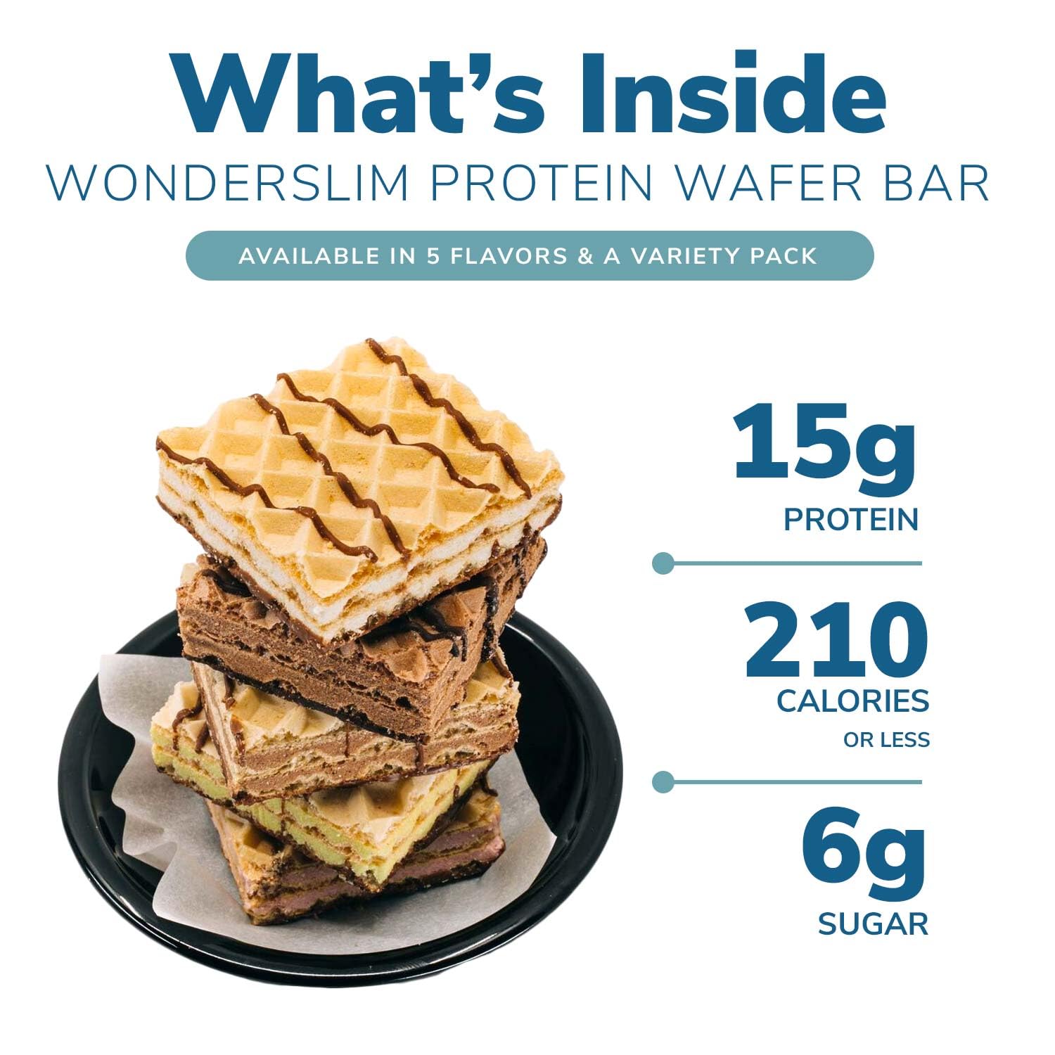 WonderSlim Protein Wafer Snack Bar, Variety Pack, 15g Protein, 5 Flavors, 0mg Cholesterol (5ct)