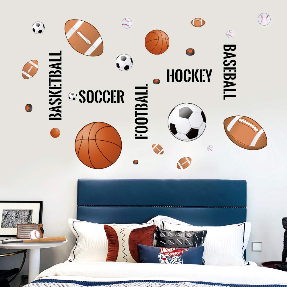 Supzone Sport Balls Wall Stickers Boys Wall Decals Basketball Soccer Baseball Football Hockey Wall Decor Boys Playroom Bedroom Classroom Living Room