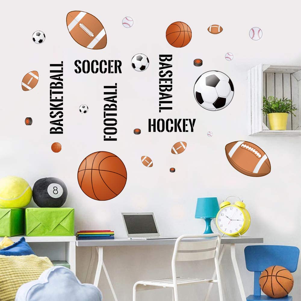 Supzone Sport Balls Wall Stickers Boys Wall Decals Basketball Soccer Baseball Football Hockey Wall Decor Boys Playroom Bedroom Classroom Living Room