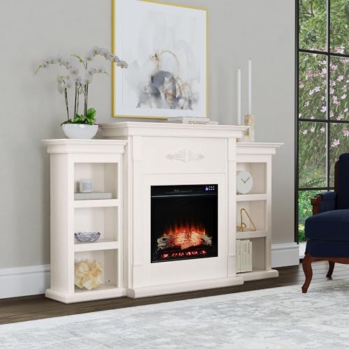 SEI Furniture Tennyson Electric Fireplace with Bookcases, New Ivory