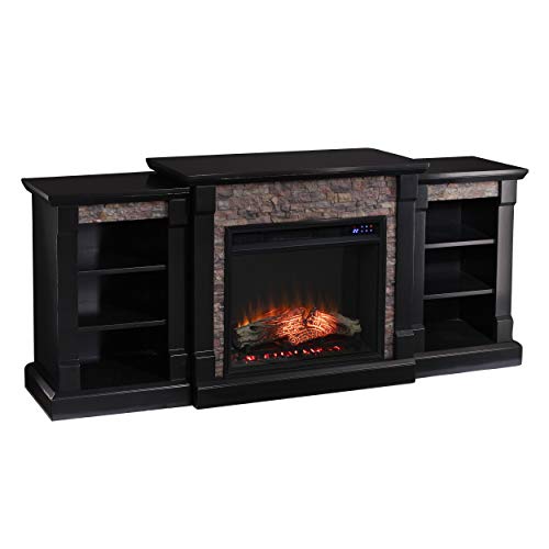 SEI Furniture Gallatin Faux Stone Electric Fireplace with Bookcases, New Satin Black