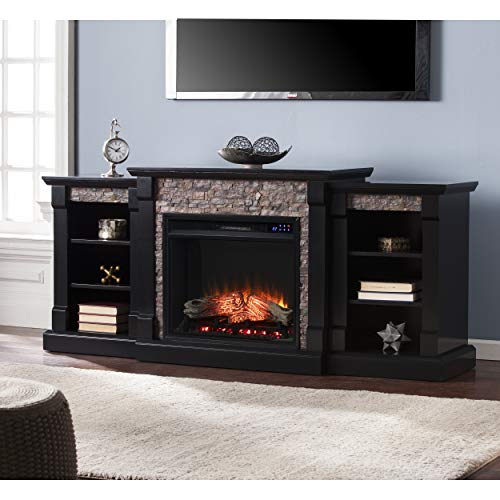 SEI Furniture Gallatin Faux Stone Electric Fireplace with Bookcases, New Satin Black