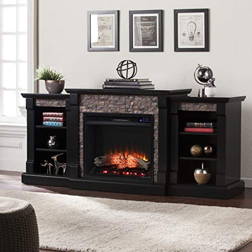 SEI Furniture Gallatin Faux Stone Electric Fireplace with Bookcases, New Satin Black