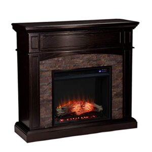 sei furniture grantham faux stone corner electric fireplace with hidden media shelf, new ebony