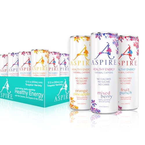 Aspire Tropics Variety Pack, Healthy Energy Drink, Natural Caffeine from Green Tea, Keto-Friendly, Sugar-Free, Zero Calories, 12 fl oz Cans (Pack of 12)