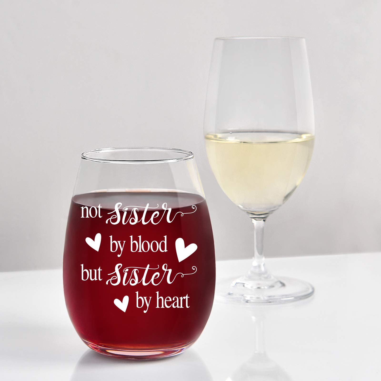 Not Sister by Blood but Sister by Heart Wine Glass, Sister Stemless Wine Glass for Women, Soul Sister, Friends, Sister in Law - Unique Idea for Birthday, Christmas, Galentine’s Day