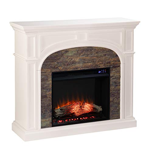 SEI Furniture Tanaya Faux Stacked Stone Electric Fireplace, New White/Montelena