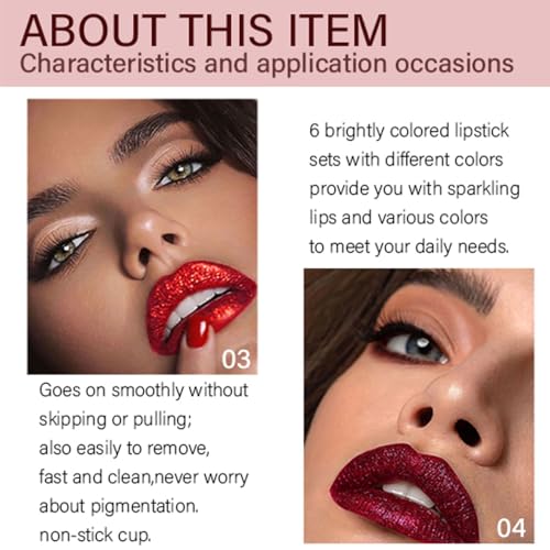 evpct 6Pcs Matte to Glitter Liquid Lipstick Long Lasting Lip Set Kit,6 Color Diamond Dark Red Pink Purple Mauve Glitter Sparkly Glossy Metallic Shimmer Sparkle Waterproof Lipstick Lip Gloss for Women