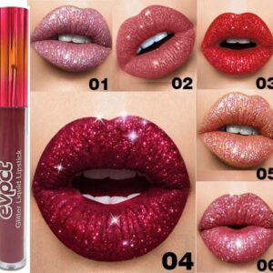 evpct 6Pcs Matte to Glitter Liquid Lipstick Long Lasting Lip Set Kit,6 Color Diamond Dark Red Pink Purple Mauve Glitter Sparkly Glossy Metallic Shimmer Sparkle Waterproof Lipstick Lip Gloss for Women