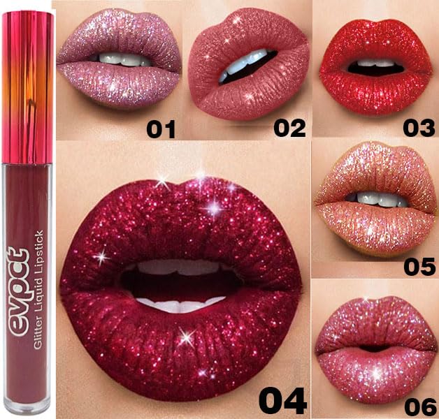 evpct 6Pcs Matte to Glitter Liquid Lipstick Long Lasting Lip Set Kit,6 Color Diamond Dark Red Pink Purple Mauve Glitter Sparkly Glossy Metallic Shimmer Sparkle Waterproof Lipstick Lip Gloss for Women