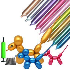 100 pcs metallic 260 long balloons kit with pump, shiny chrome latex twisting balloons for balloon animals, magic balloons for birthdays wedding party decorations multicolor