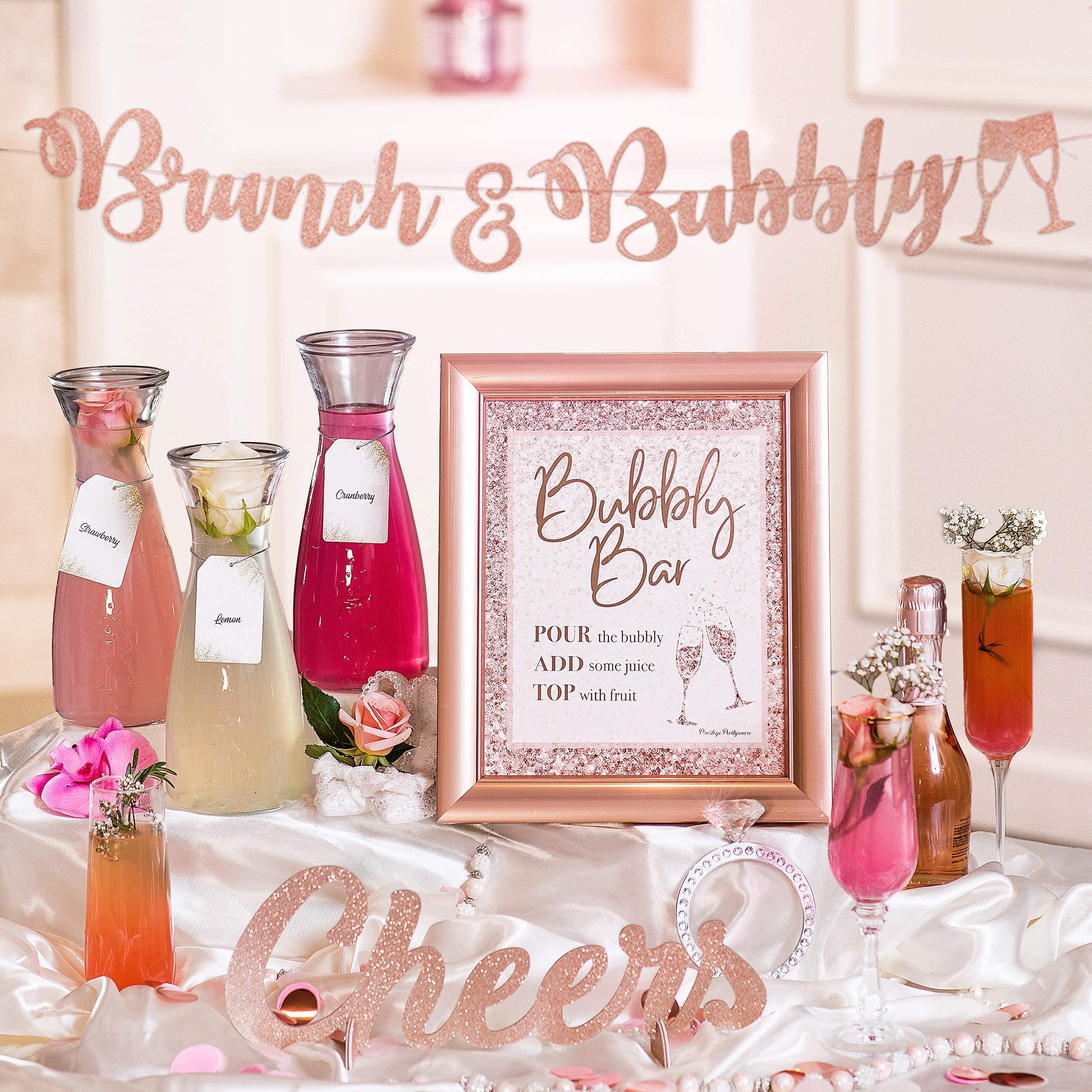 PRESTIGE Mimosa Bar Kit | Bridal Shower Decorations, Rose Gold Bachelorette Party Decorations, Bridal Shower Decor, Brunch & Bubbly Bar Sign, Pink Galentines Day Decorations, Mothers Baby Girl (Rose)