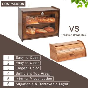 Worthyeah Bamboo Bread Box for Kitchen Countertop, Wooden Bread Storage Box with Transparent Window, 2-Layer Large Capacity Bread Storage, Kitchen Bread Holder, Self Assembly