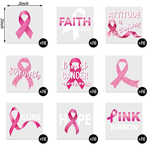 Zonon 144 Pieces Breast Cancer Awareness Tattoos Pink and White Ribbon Tattoos Waterproof Temporary Stickers Decoration Supplies for Party Fundraising Event, 9 Styles