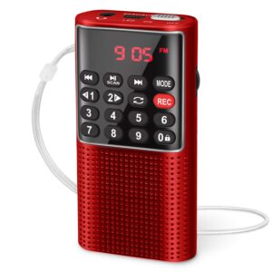 prunus j-328 mini portable pocket fm radio mp3 walkman radio with recorder, lock key, sd card player, rechargeable battery operated(no am) red