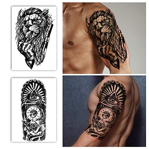 Full Arm Temporary Tattoos 8 Sheets and Half Arm Shoulder Waterproof Tattoos 8 Sheets, Extra Large Tattoo Stickers for Men and Women (22.83"X7.1")